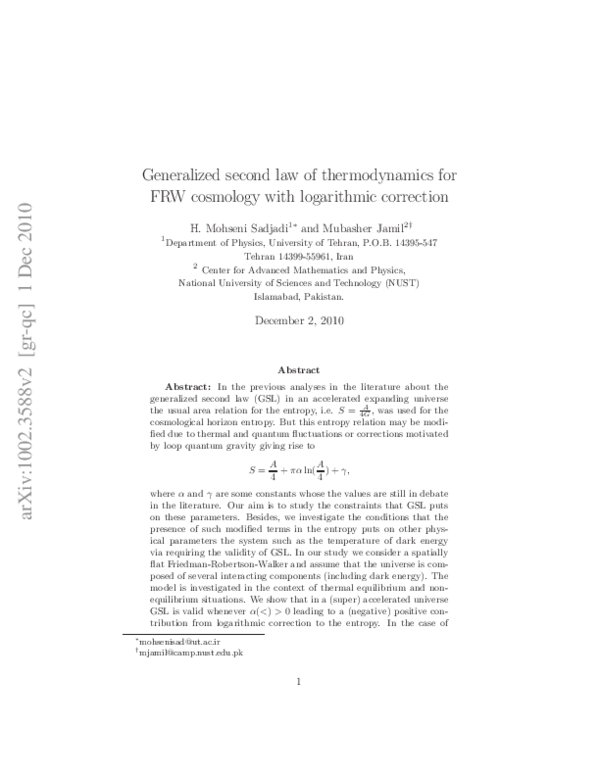 Pdf Generalized Second Law Of Thermodynamics For Frw Cosmology With Power Law Entropy Correction