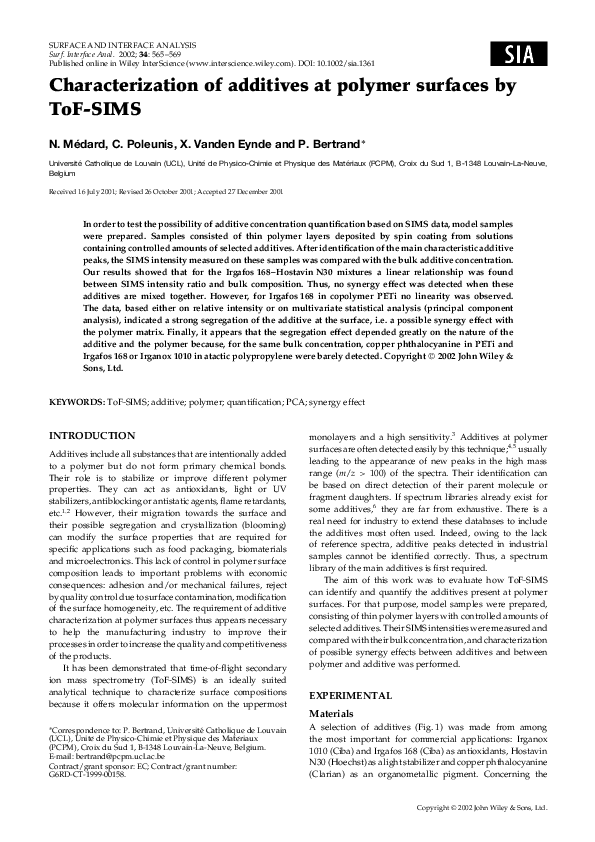 (PDF) Characterization of additives at polymer surfaces by ToF-SIMS