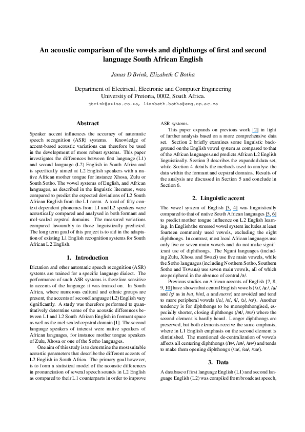 (PDF) An acoustic comparison of the vowels and diphthongs of first and ...