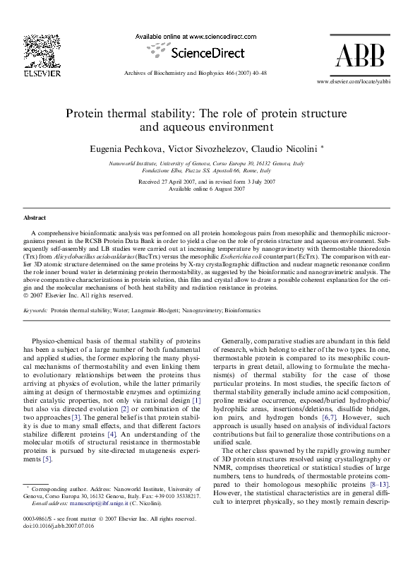 (PDF) Protein thermal stability: The role of protein structure and ...