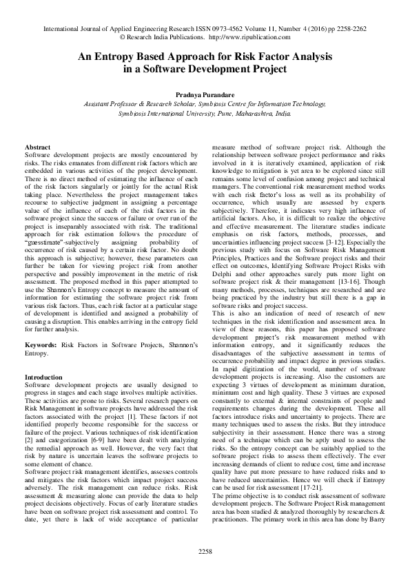 Pdf An Entropy Based Approach For Risk Factor Analysis In A Software