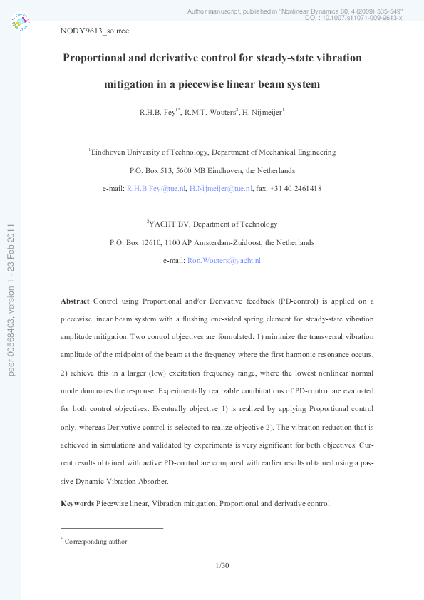 Pdf Proportional And Derivative Control For Steady State Vibration