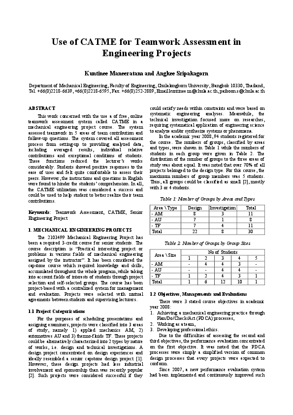 (PDF) Use of CATME for teamwork assessment in engineering projects