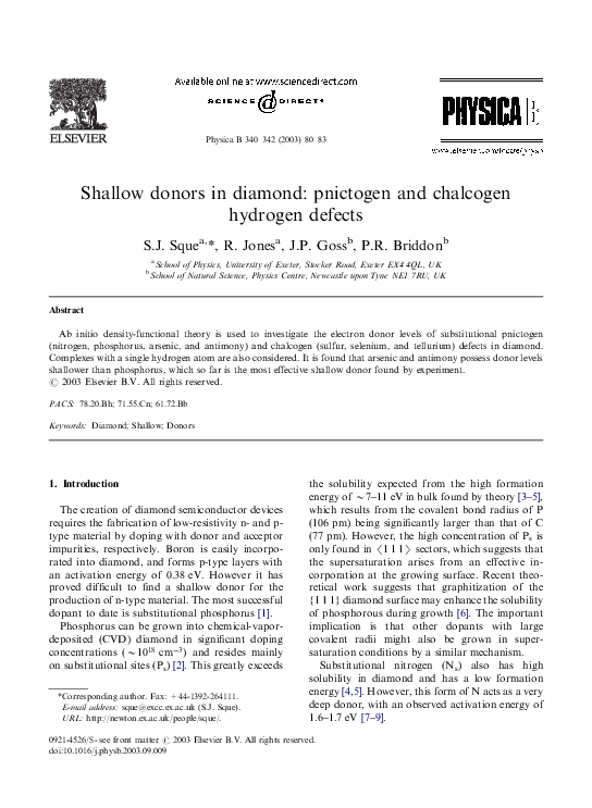 (PDF) Shallow donors in diamond: pnictogen and chalcogen hydrogen defects