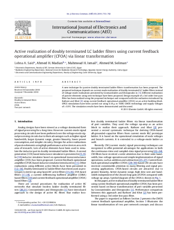 (PDF) Active realization of doubly terminated LC ladder filters using ...