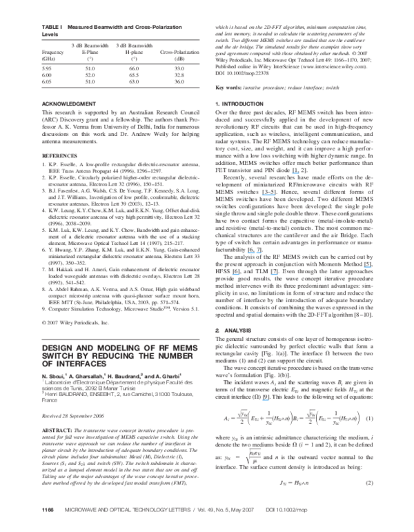 Design And Modeling Of Rf Mems Switch By Reducing The Number Of Interfaces