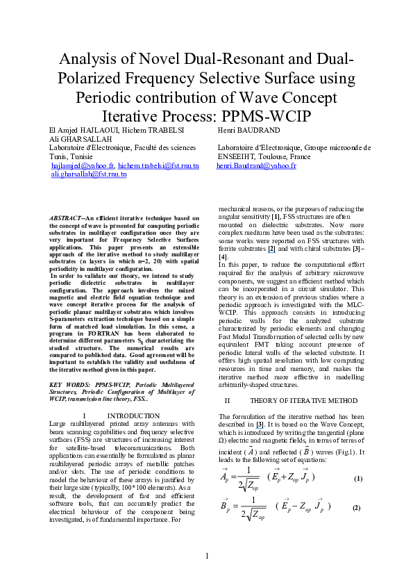 (PDF) Efficient Analysis of Switchable FSS Structure Using the WCIP Method | noureddine sboui ...