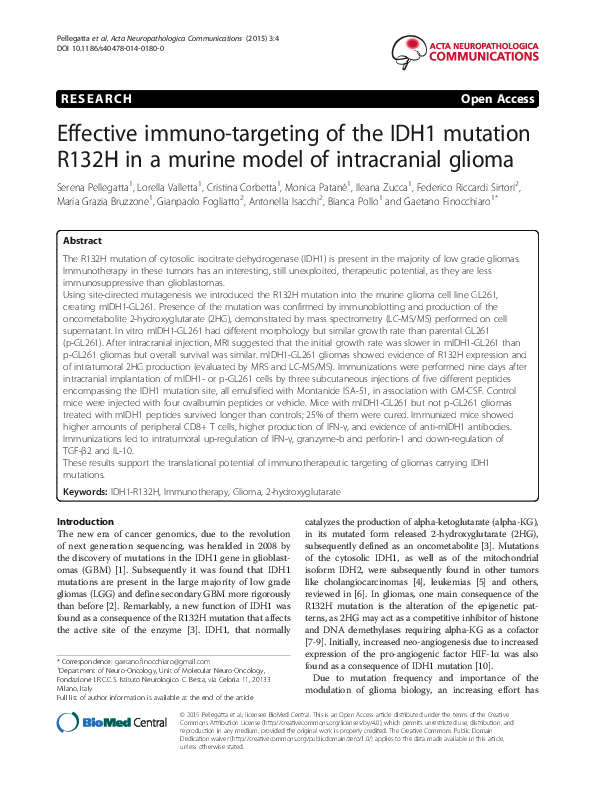 (PDF) Effective immuno-targeting of the IDH1 mutation R132H in a murine ...