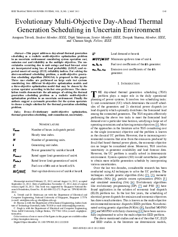 (PDF) Evolutionary Multi-Objective Day-Ahead Thermal Generation Scheduling in Uncertain Environment