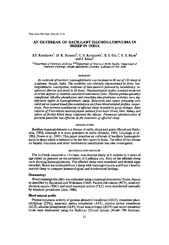 (PDF) An outbreak of bacillary haemoglobinuria in sheep in India