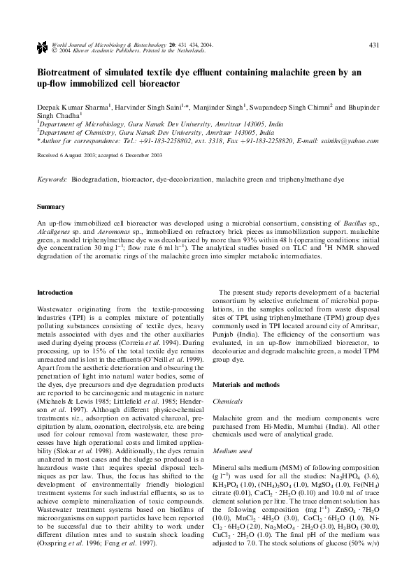 (PDF) Biotreatment of simulated textile dye effluent containing malachite green by an up-flow ...