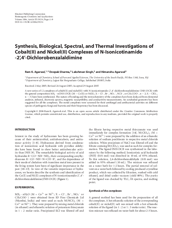 (PDF) Synthesis, Biological, Spectral, and Thermal Investigations of Cobalt (II) and Nickel (II ...