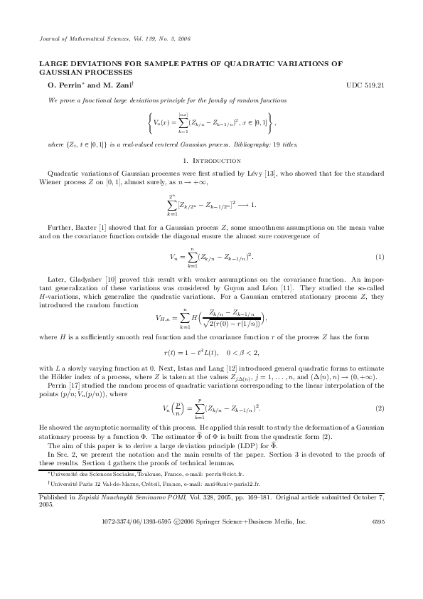 (PDF) Large deviations for sample paths of quadratic variations of ...