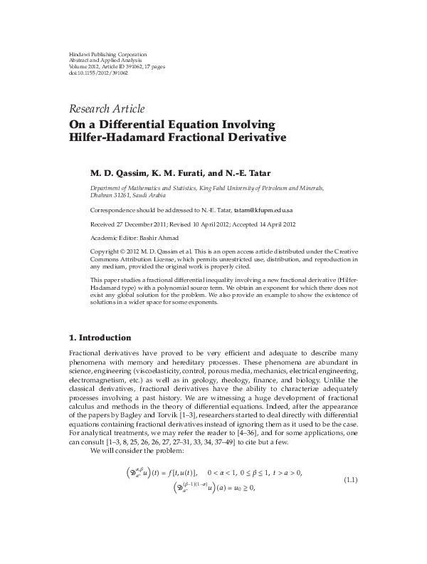 (PDF) On a Differential Equation Involving Hilfer-Hadamard Fractional ...