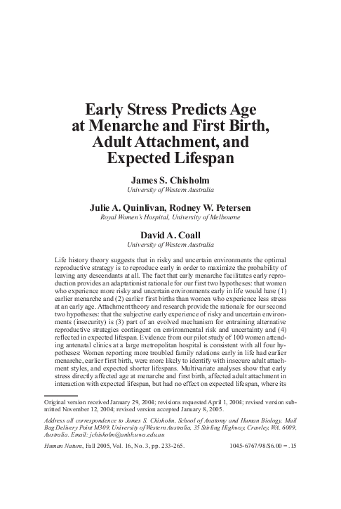 (PDF) Early stress predicts age at menarche and first birth, adult attachment, and expected lifespan