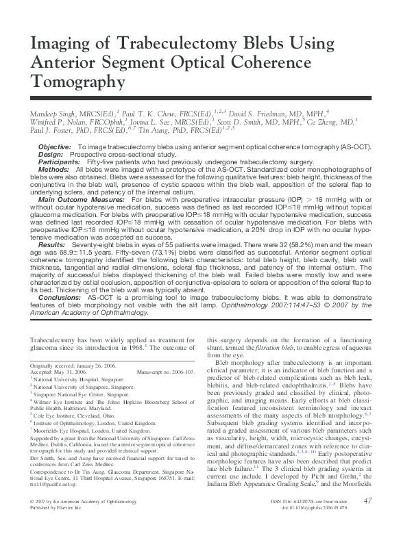 (PDF) Imaging of Trabeculectomy Blebs Using Anterior Segment Optical ...
