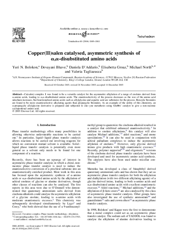 (PDF) Copper(II)salen catalysed, asymmetric synthesis of α,α ...
