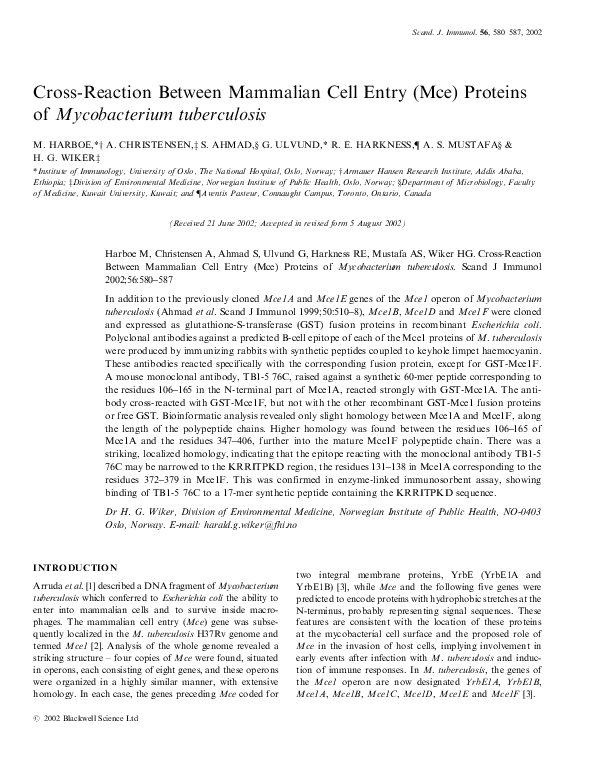 (PDF) Cross-Reaction Between Mammalian Cell Entry (Mce) Proteins of Mycobacterium tuberculosis