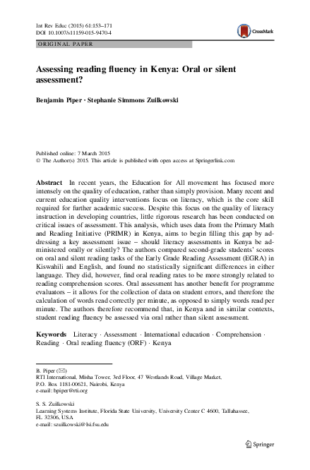 (PDF) Assessing reading fluency in Kenya: Oral or silent assessment?