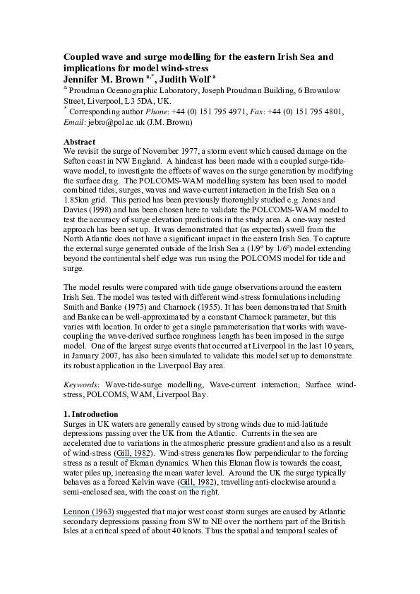 Pdf Coupled Wave And Surge Modelling For The Eastern Irish Sea And Implications For Model Wind