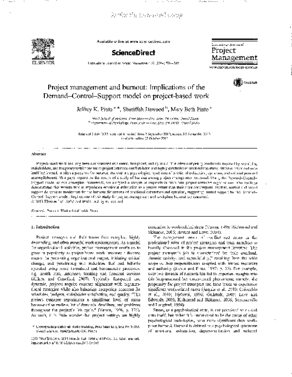(PDF) Project management and burnout: Implications of the Demand ...