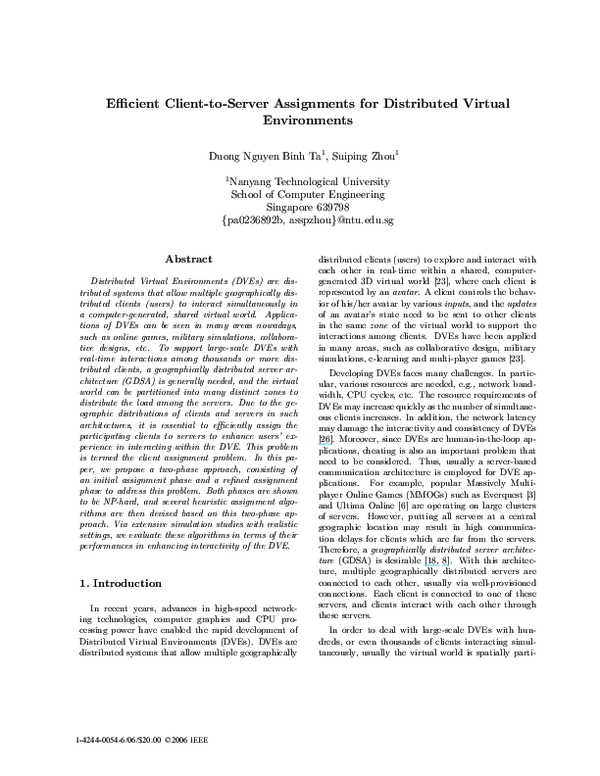 (PDF) Efficient client-to-server assignments for distributed virtual environments