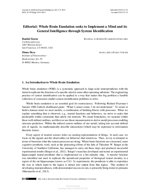 (PDF) Editorial: Whole Brain Emulation seeks to Implement a Mind and ...