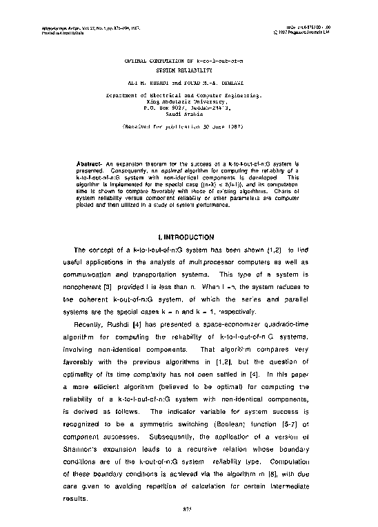 Pdf Optimal Computation Of K To L Out Of N System Reliability Fouad Dehlawi And Ali Rushdi