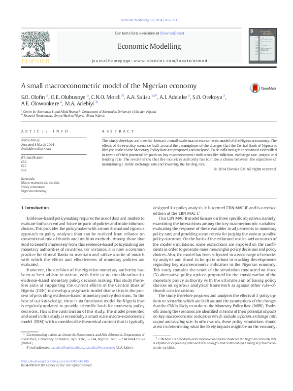 (PDF) A small macroeconometric model of the Nigerian economy