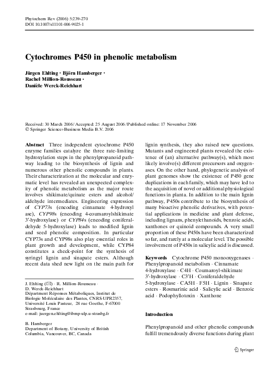 (PDF) Cytochromes P450 in phenolic metabolism