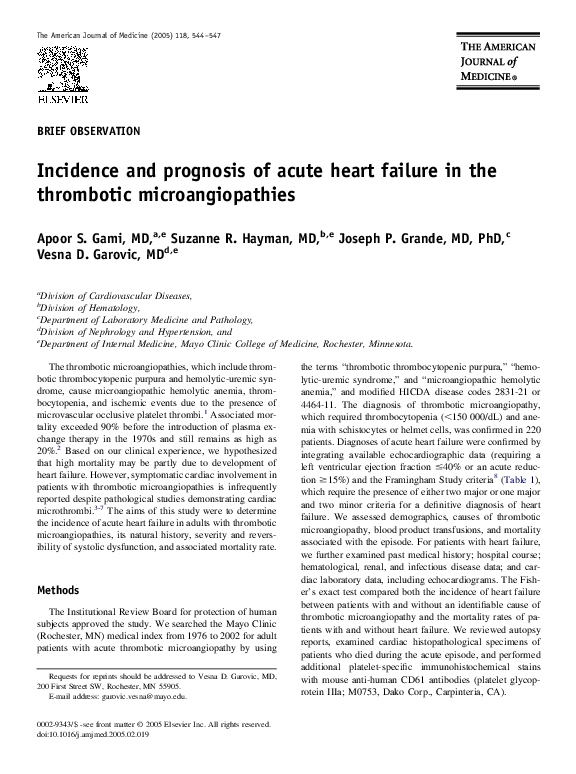 (PDF) Incidence and prognosis of acute heart failure in the thrombotic microangiopathies