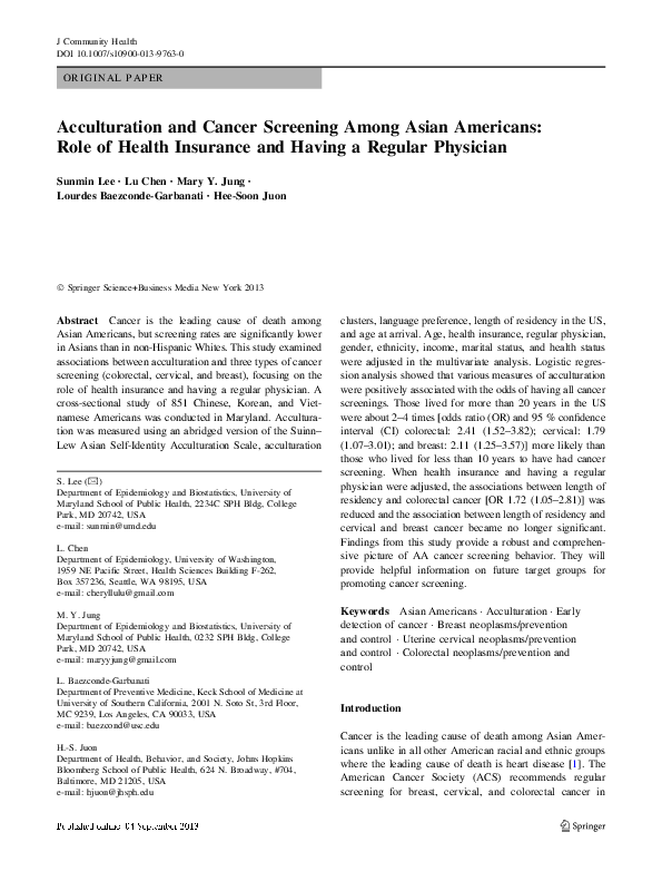 (PDF) Acculturation and Cancer Screening Among Asian Americans: Role of Health Insurance and ...