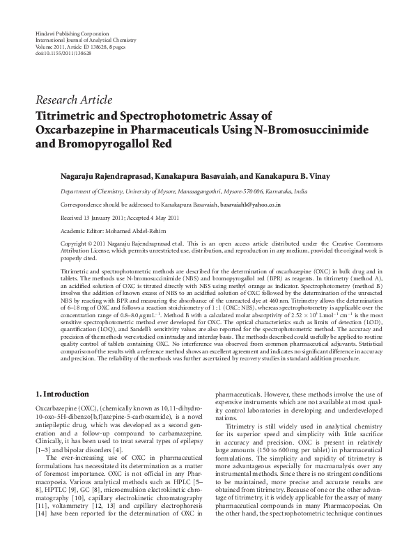 (PDF) Titrimetric and Spectrophotometric Assay of Oxcarbazepine in Pharmaceuticals Using N ...