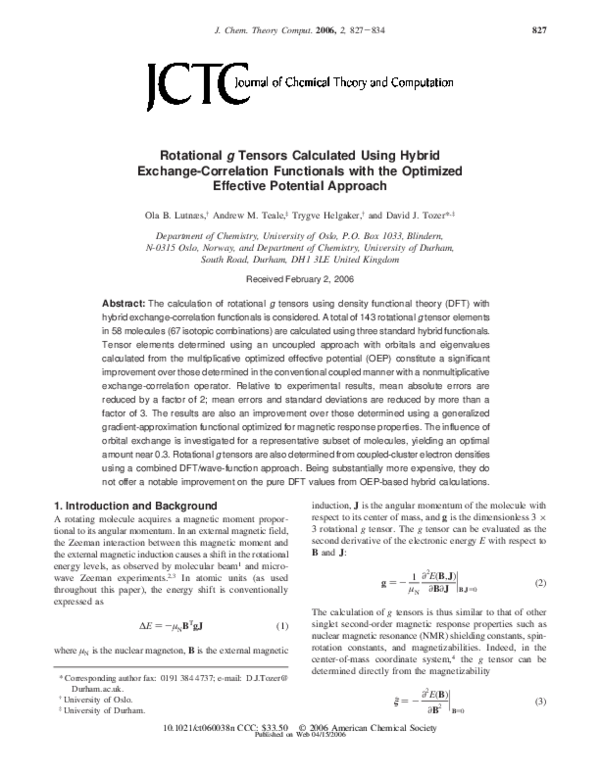(PDF) Rotational g Tensors Calculated Using Hybrid Exchange-Correlation Functionals with the ...