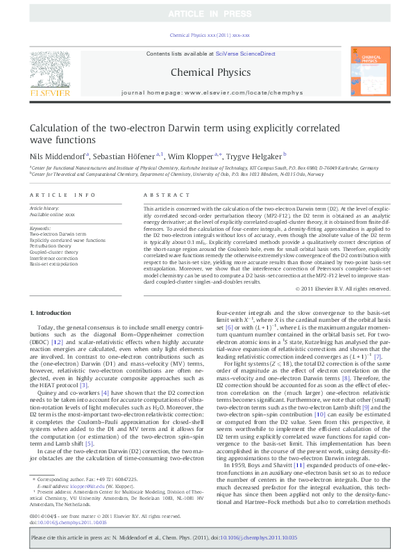 (PDF) Calculation of the two-electron Darwin term using explicitly correlated wave functions