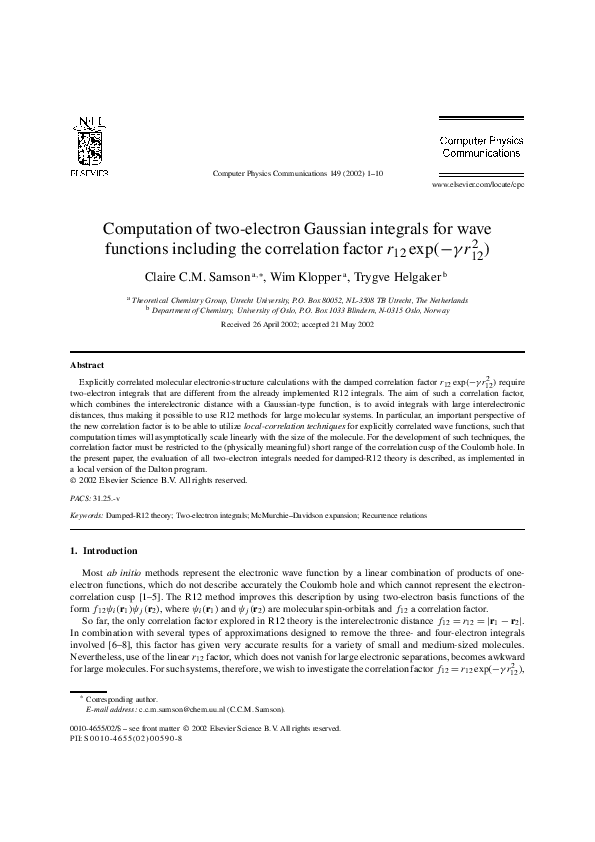 Pdf Computation Of Two Electron Gaussian Integrals For Wave Functions Including The
