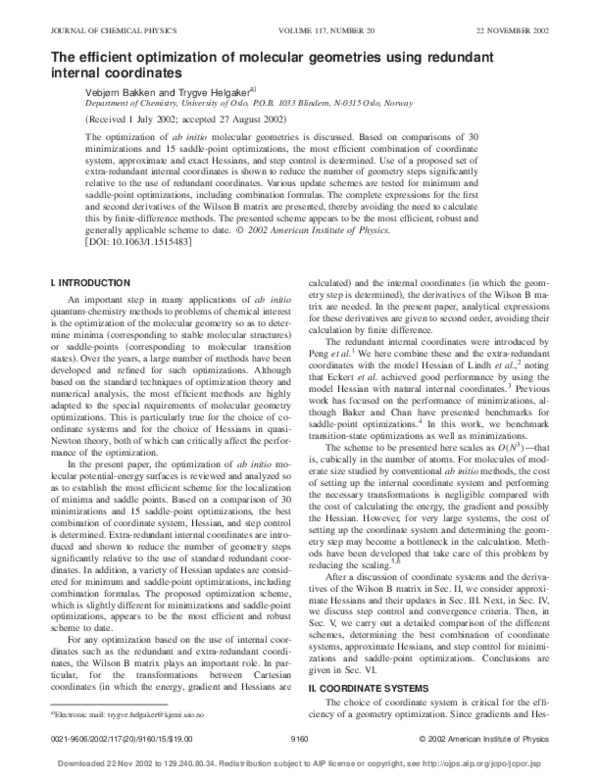 Pdf The Efficient Optimization Of Molecular Geometries Using Redundant Internal Coordinates