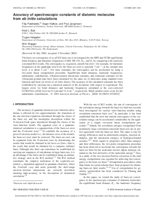 Pdf Accuracy Of Spectroscopic Constants Of Diatomic Molecules From Ab