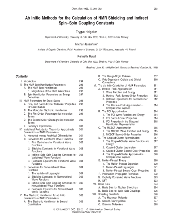 Pdf Ab Initio Methods For The Calculation Of Nmr Shielding And