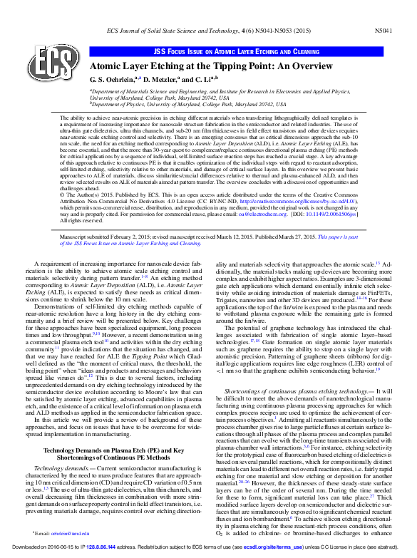 Atomic Layer Etching At The Tipping Point An Overview