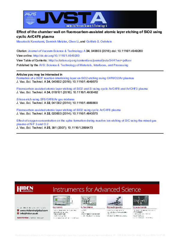 Effect of the chamber wall on fluorocarbon-assisted atomic layer etching of SiO2 using cyclic Ar ...
