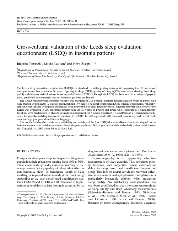 (PDF) Cross-cultural validation of the Leeds sleep evaluation ...