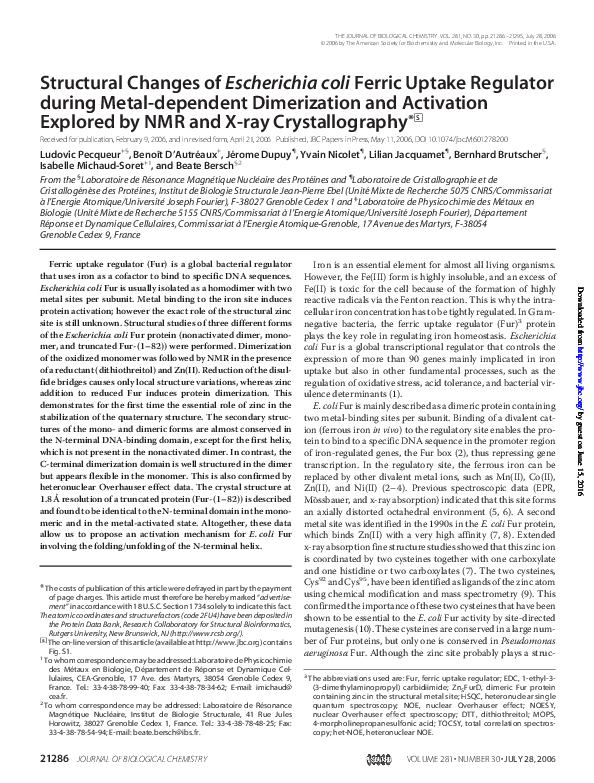 (PDF) Escherichia coli Fur: Metal-Induced Structural Changes Revealed