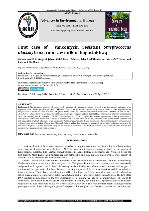 (PDF) First case of vancomycin resistant Streptococcus alactolyticus ...