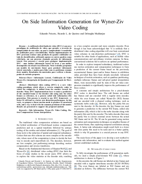 (PDF) On side information generation for Wyner-Ziv video coding