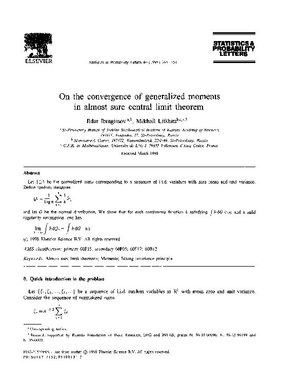 (PDF) On the convergence of generalized moments in almost sure central limit theorem