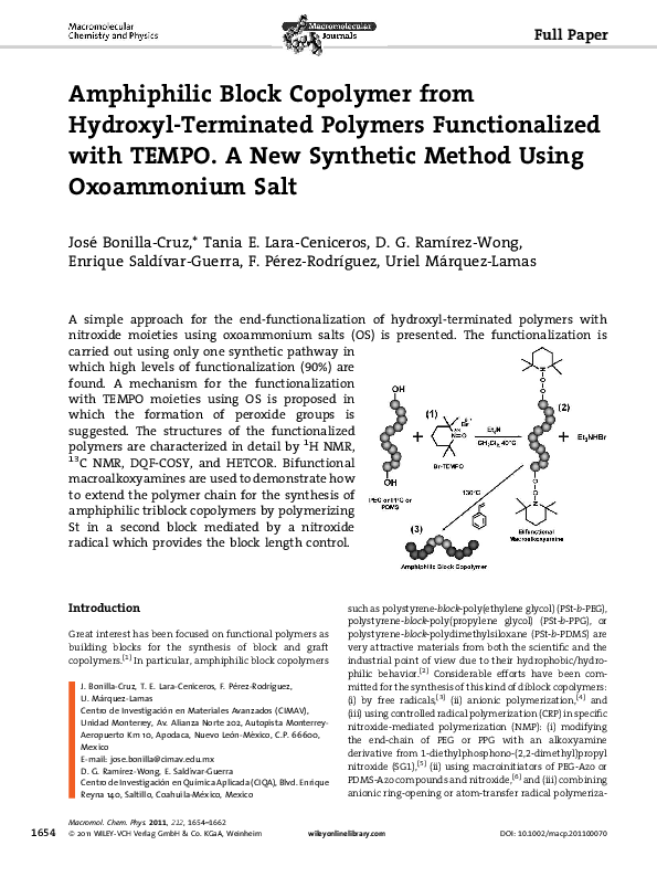 (PDF) Amphiphilic Block Copolymer from Hydroxyl-Terminated Polymers Functionalized with TEMPO. A ...