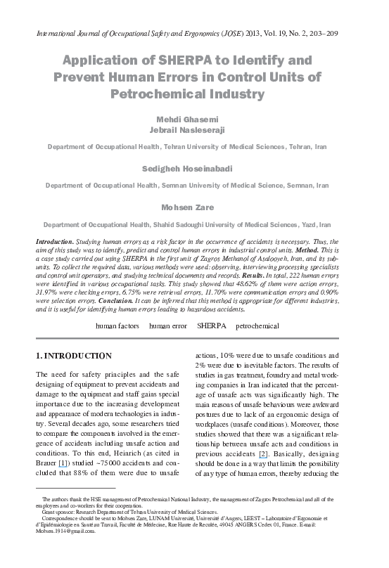 (PDF) Application of SHERPA to Identify and Prevent Human Errors in ...
