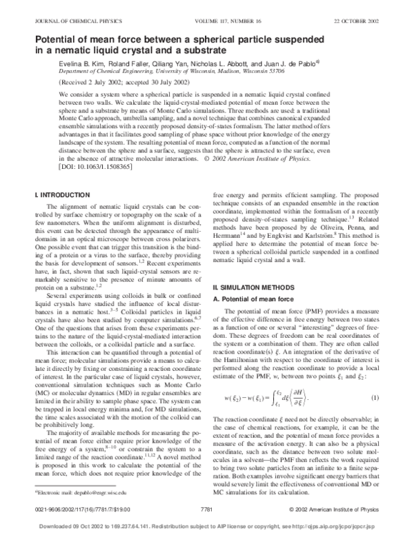 Pdf Potential Of Mean Force Between A Spherical Particle Suspended In