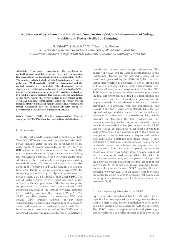 Pdf Application Of Synchronous Static Series Compensator Sssc On